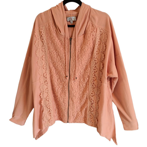 Oso Casuals | Tops | Oso Casuals Blush Pink Allover Lace Accent Fullzip ...